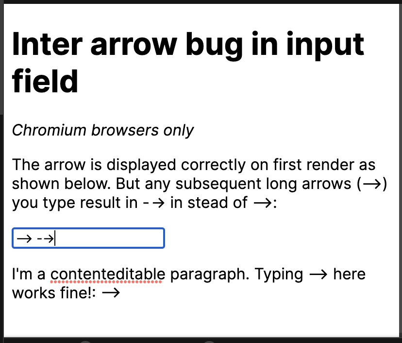 is not replaced with a long arrow when typed inside an input-field (chromium) · Issue #478 ...