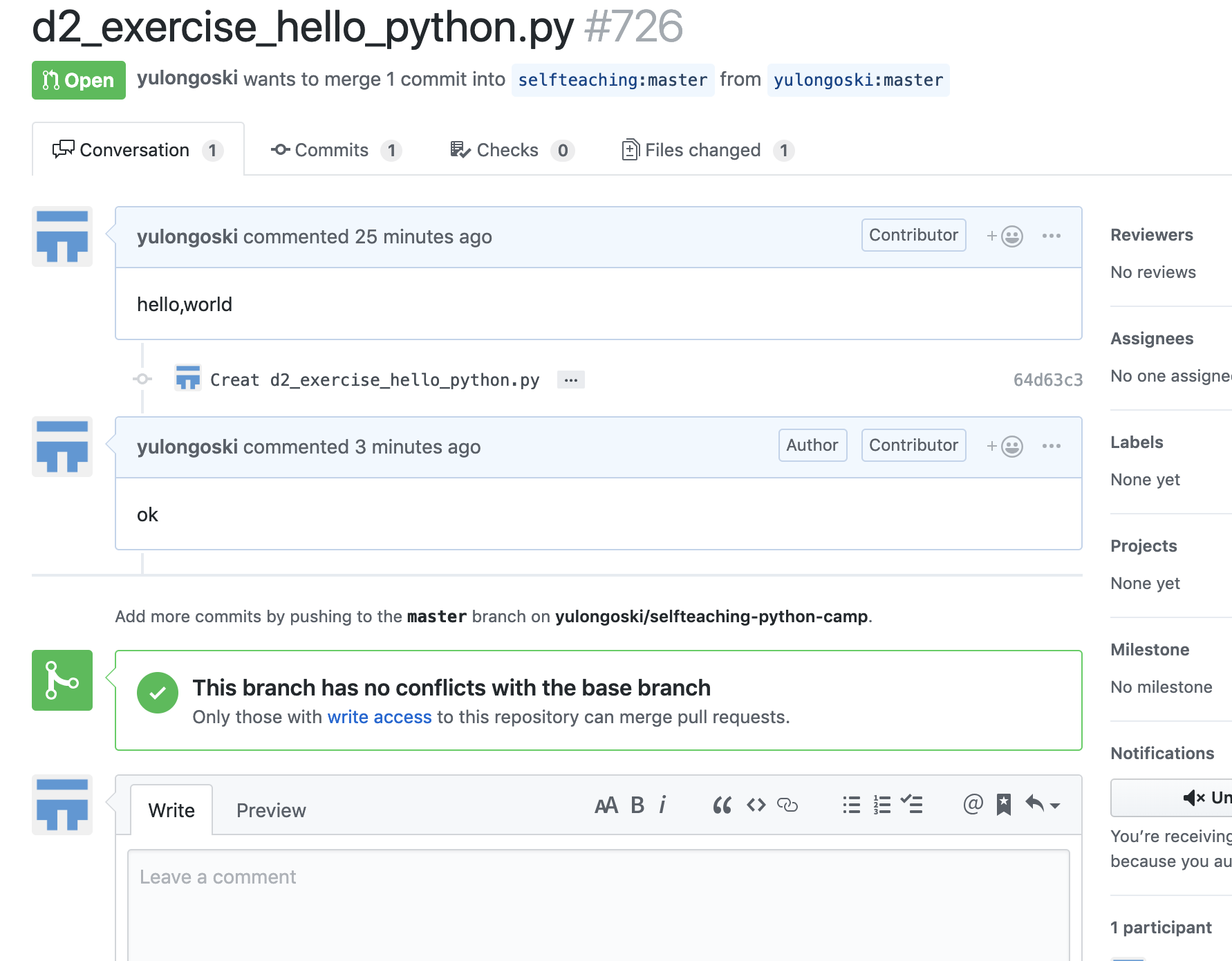 Day02 作业已提交pull request，为何作业仓库里没有我的作业？ · Issue #749 · selfteaching/selfteaching-python-camp · GitHub