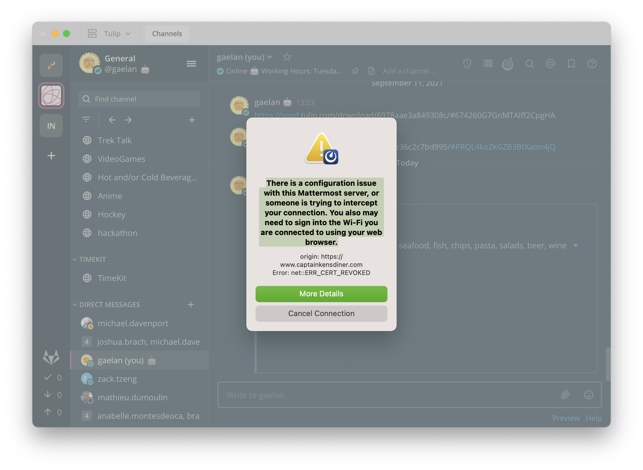 Mattermost desktop app does TLS validation on "http://" links and displays misleading message ...