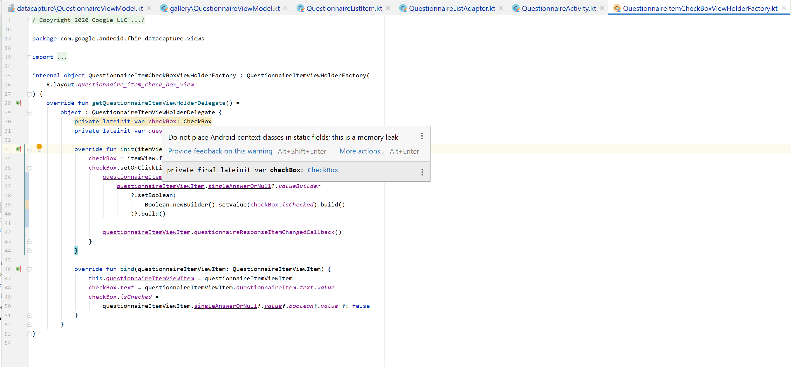 Memory leak warning by Android studio in ViewHolderFactories · Issue #289 · google/android-fhir ...