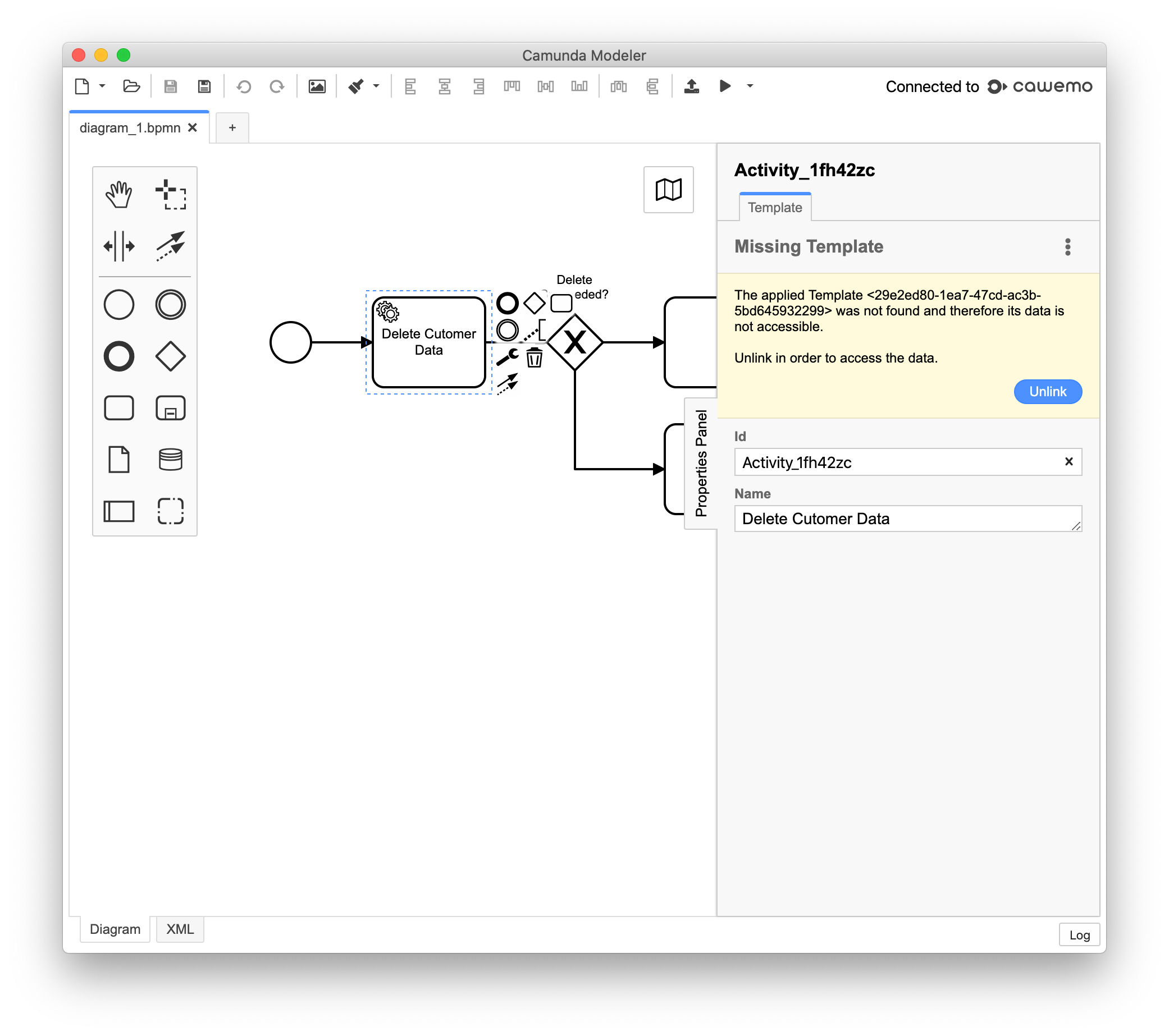 Modeler displays "Template not found" after publishing new template version in Cawemo · Issue ...