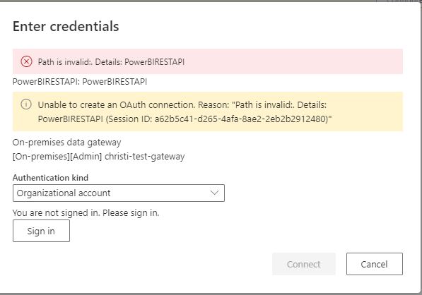 Unable To Create An Oauth Connection Reason Path Is Invalid Details Powerbirestapi · Issue