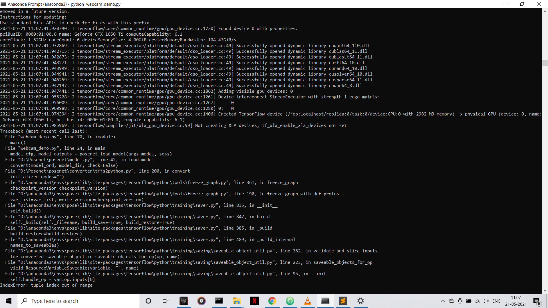 I got this error while trying to run the webcam_demo.py example in Posenet library from ...