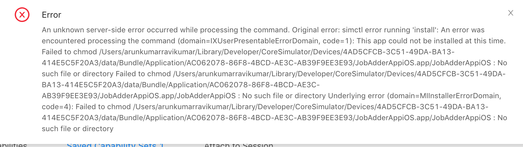 simctl error running 'install': An error was encountered processing the command (domain ...