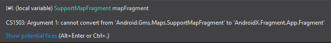 SupportMapFragment base is Android.Support.V4.App.Fragment instead of AndroidX.Fragment.App ...