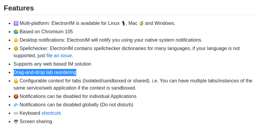 Feature request: Allow to reorder tabs · Issue #123 · manusa/electronim · GitHub
