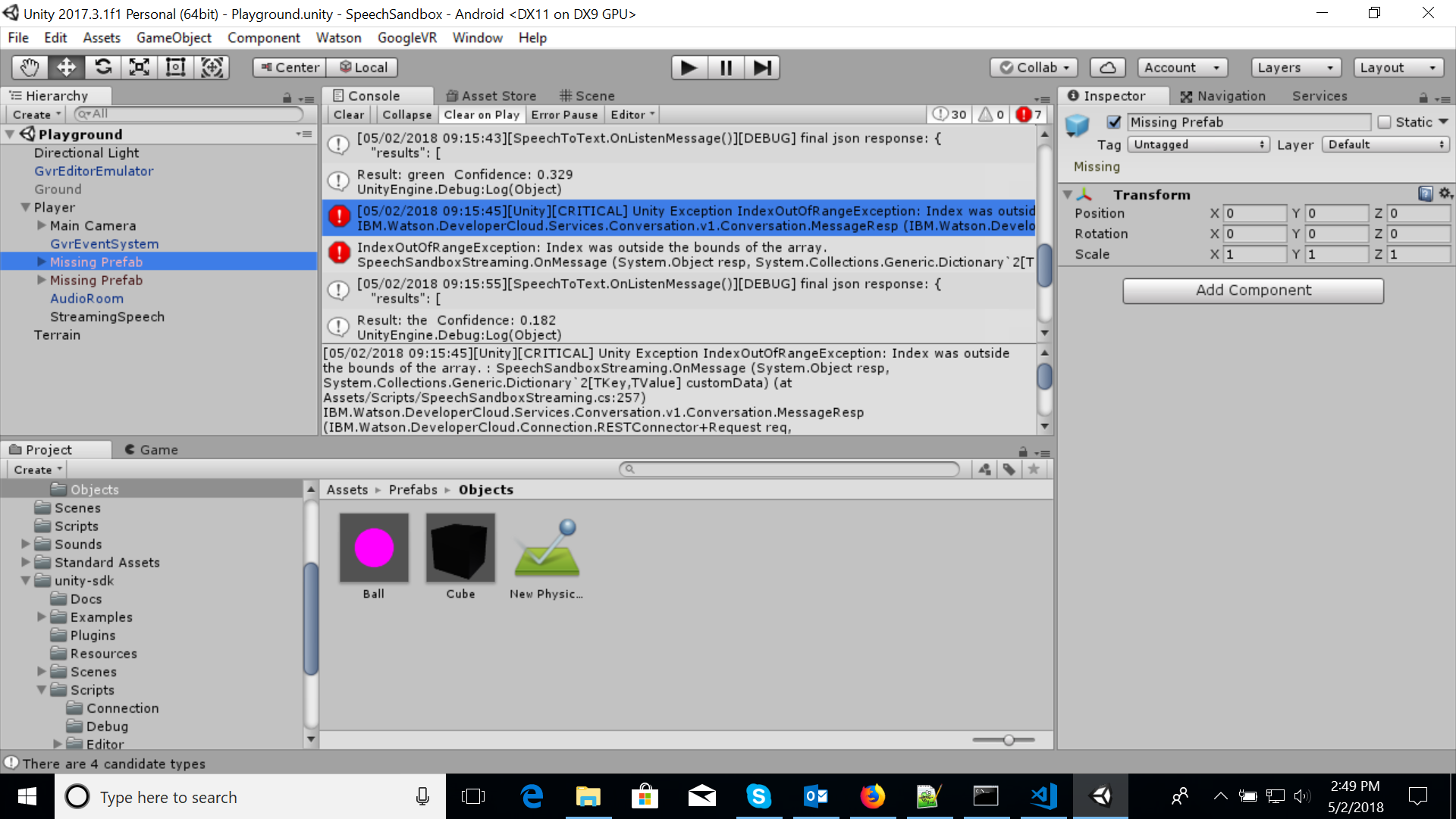 Missing prefab in playground scene · Issue #40 · IBM/vr-speech-sandbox ...