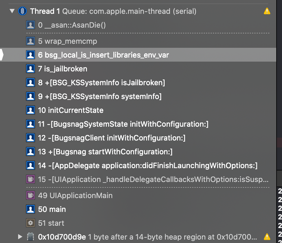 [iOS] Debug with Address Sanitizer causes stack overflow · Issue #1336 · bugsnag/bugsnag-js · GitHub