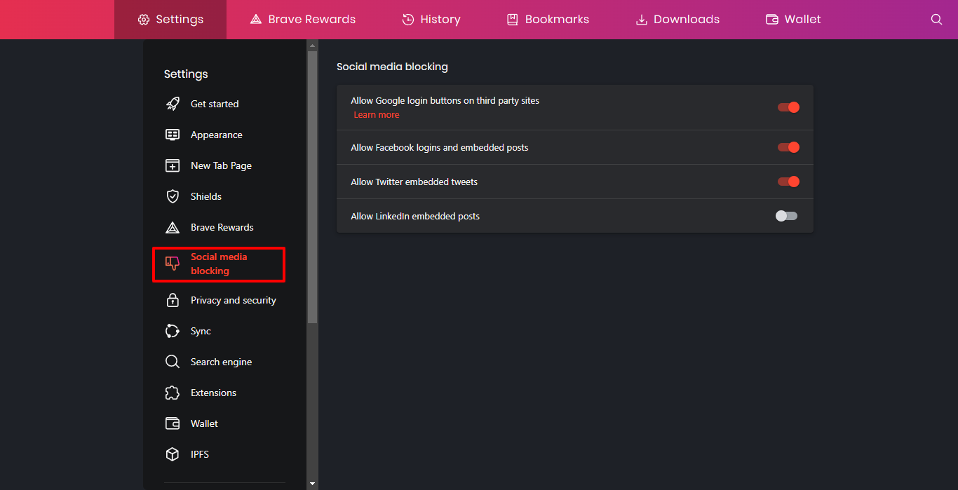 "Social media blocking" Menu item in "brave://settings"should not change its Position when ...