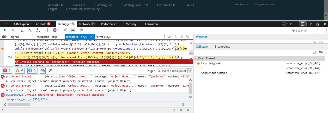 On IE browser, it is giving "SCRIPT5002: Invalid operand to 'instanceof': Function expected" at ...