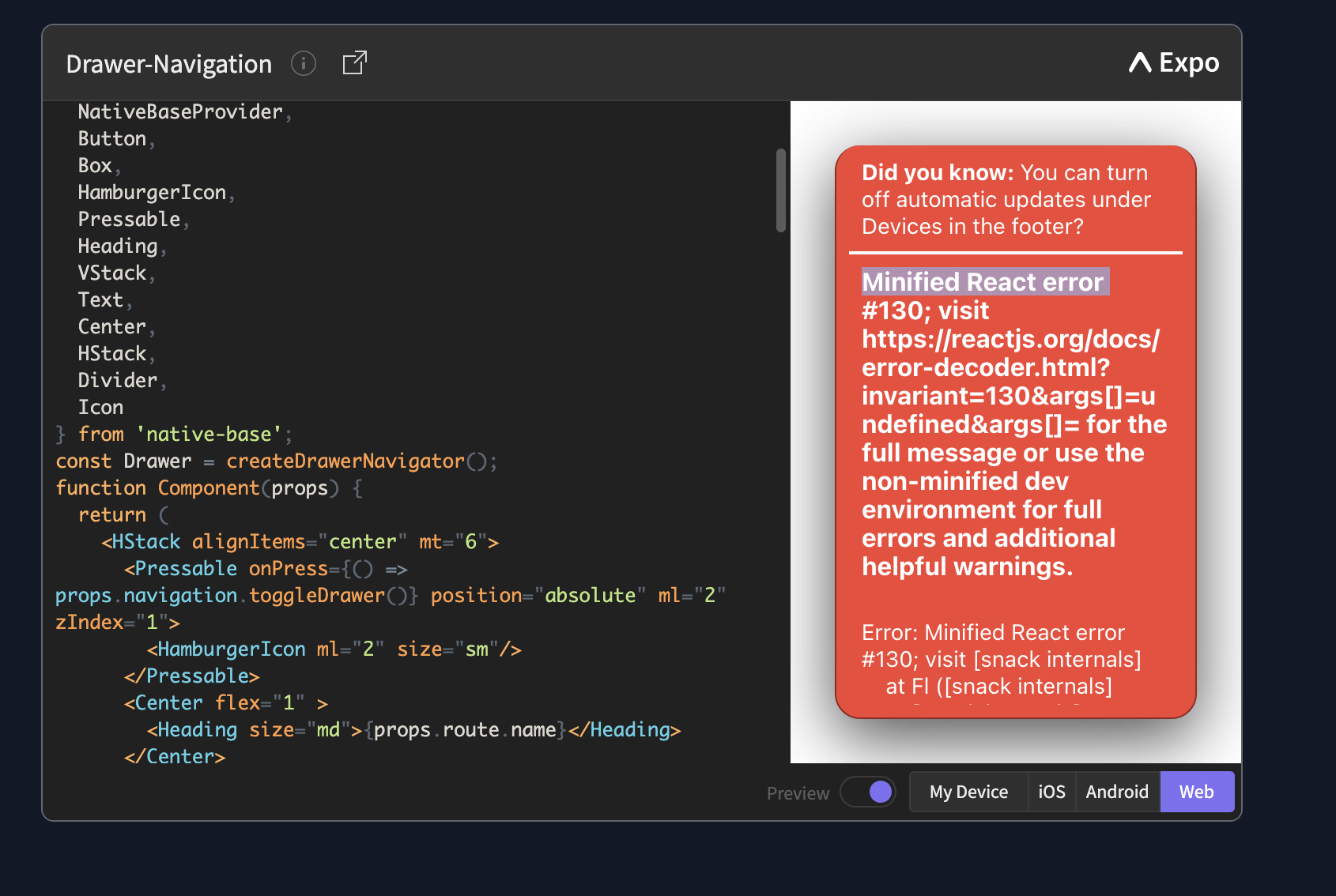 Documentation site drawer navigation is broken on Expo Snack · Issue #4102 · GeekyAnts ...