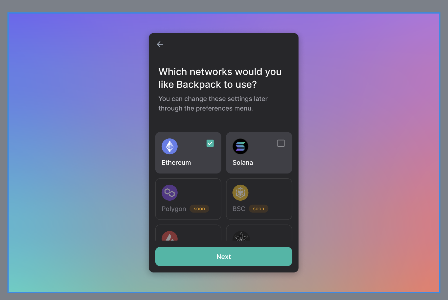 update blockchain selector to use clearer radio buttons · Issue #1291 · coral-xyz/backpack · GitHub
