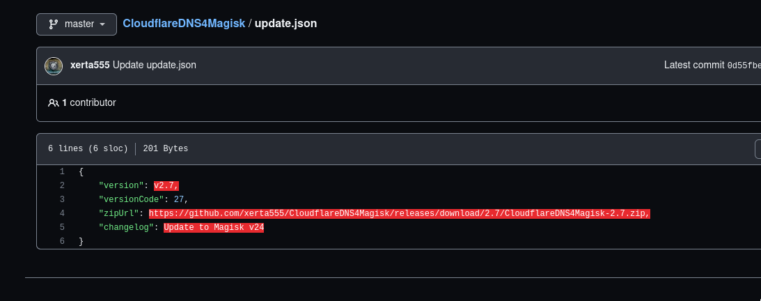 update.json wrong format · Issue #1 · xerta555/CloudflareDNS4Magisk · GitHub