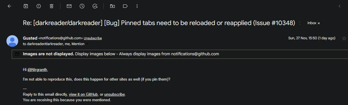 [Bug] Pinned tabs need to be reloaded or reapplied · Issue #10348 · darkreader/darkreader · GitHub