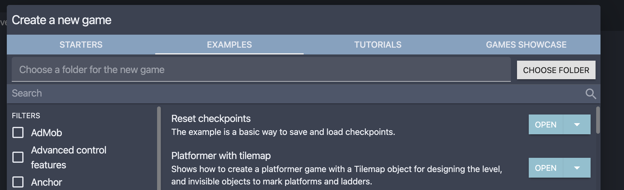 Default folder when opening an Example · Issue #3089 · 4ian/GDevelop · GitHub