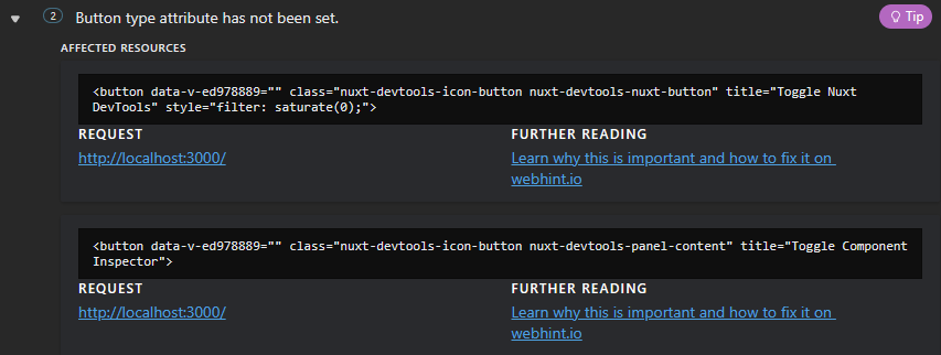 feat: the buttons must have the type attribute · Issue #477 · nuxt/devtools · GitHub