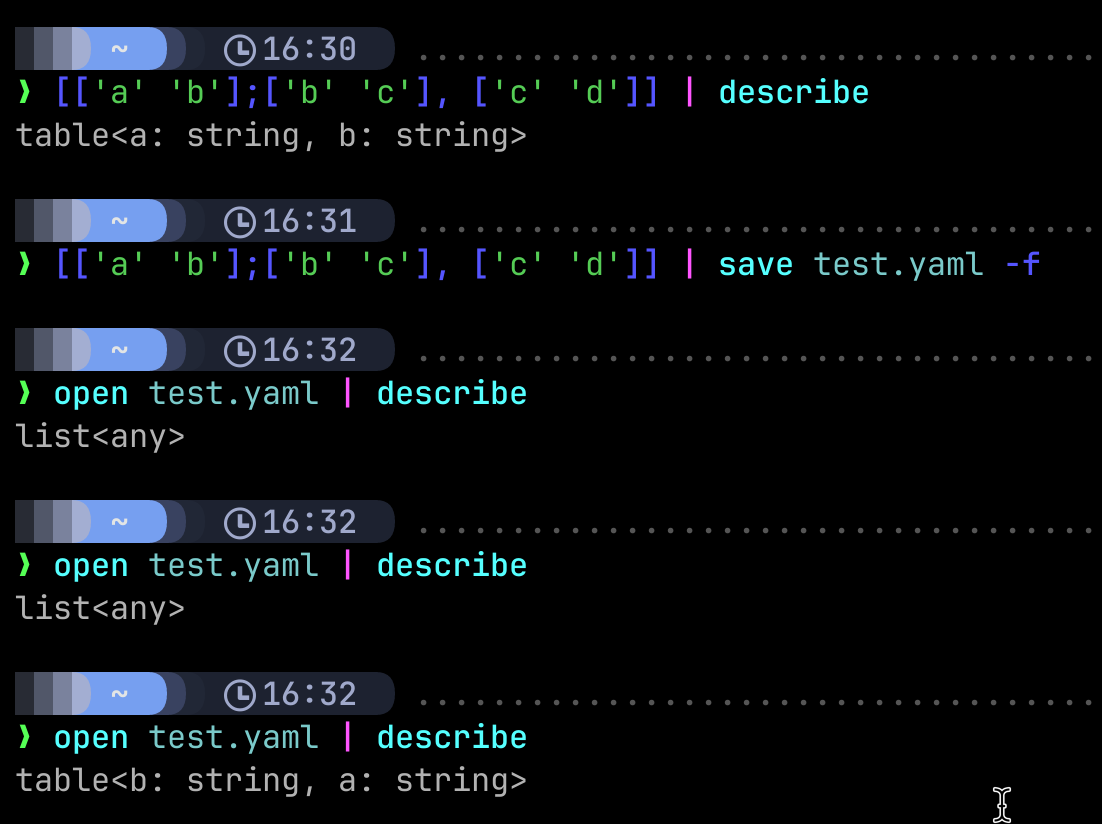 Open `test Yaml` Describe Gives Sometimes List Sometimes Table · Issue 8662 · Nushell