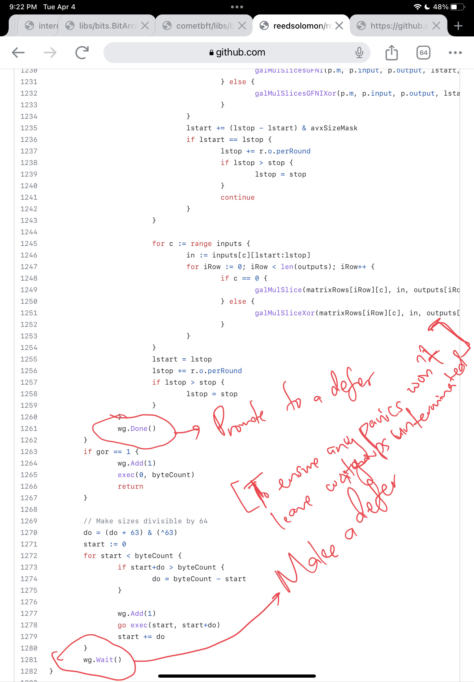 (*reedSolomon).codeSomeShardsGFNI and others should make use of defer for sync.WaitGroup ...