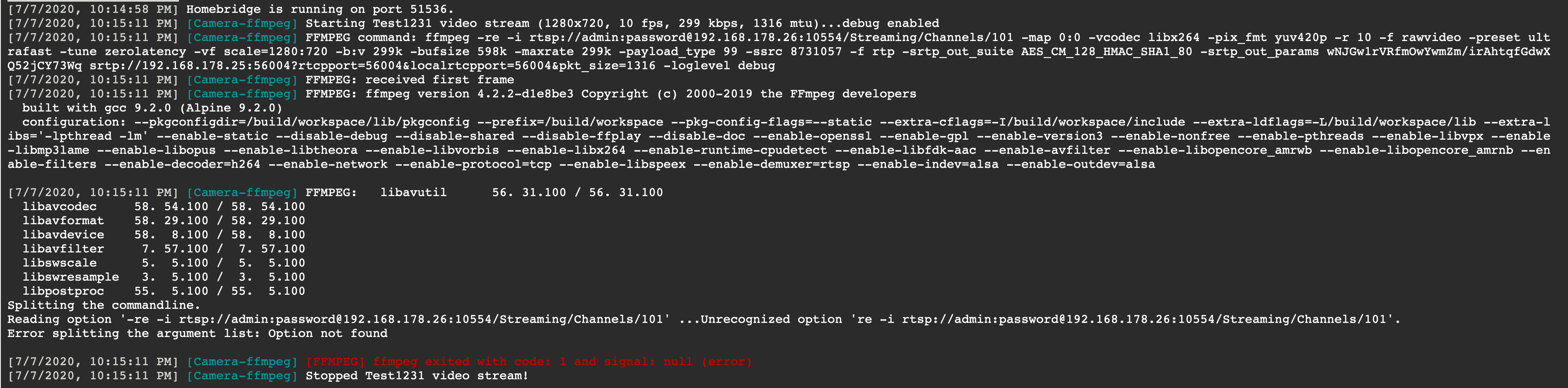 FFMPEG Exit With Code 1 Issue 618 Sunoo homebridge camera ffmpeg