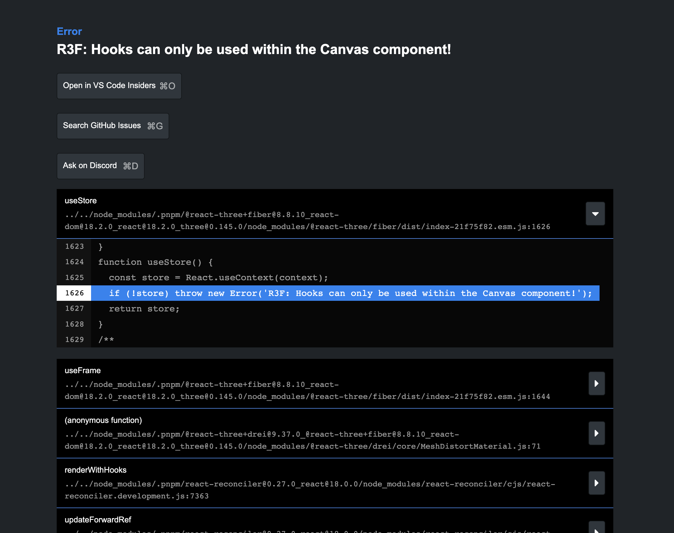 Unable to open orb (`packages/example`) in studio: `R3F: Hooks can only be used within the ...