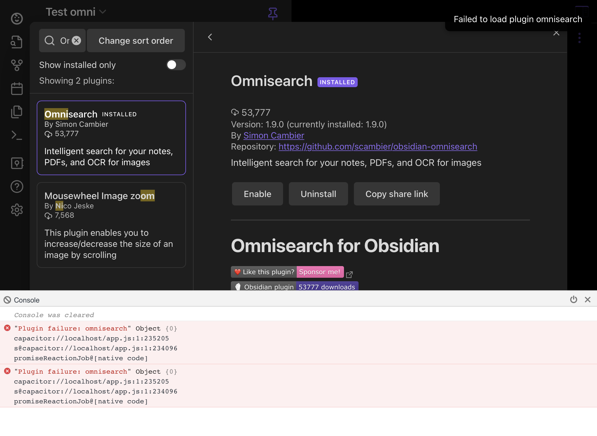 [BUG] Failed to load plugin omnisearch · Issue #137 · scambier/obsidian-omnisearch · GitHub