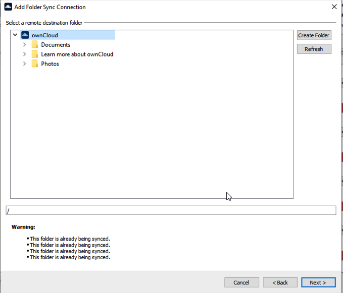 [qa] Warning Message About Folder Already Being Synced Displayed Multiple Times · Issue 10678