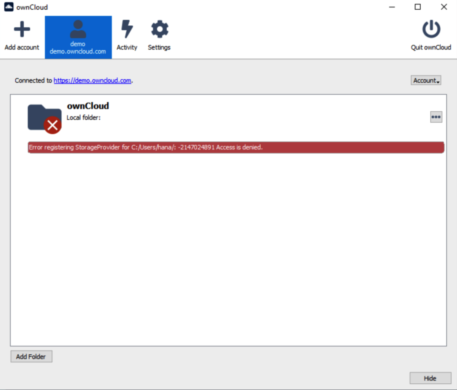 [qa] Windows Vfs Error When Adding The Folder C Users Currentuser As A New Sync Connection