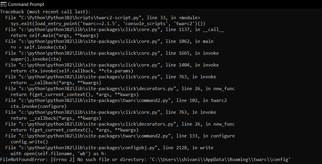 File not found error encountered while trying to configure twarc2 from ...