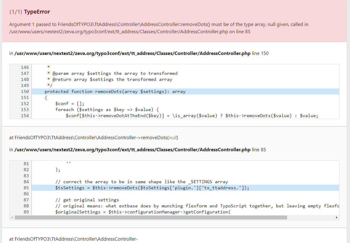 Argument 1 passed to FriendsOfTYPO3\TtAddress\Controller\AddressController::removeDots() must be ...