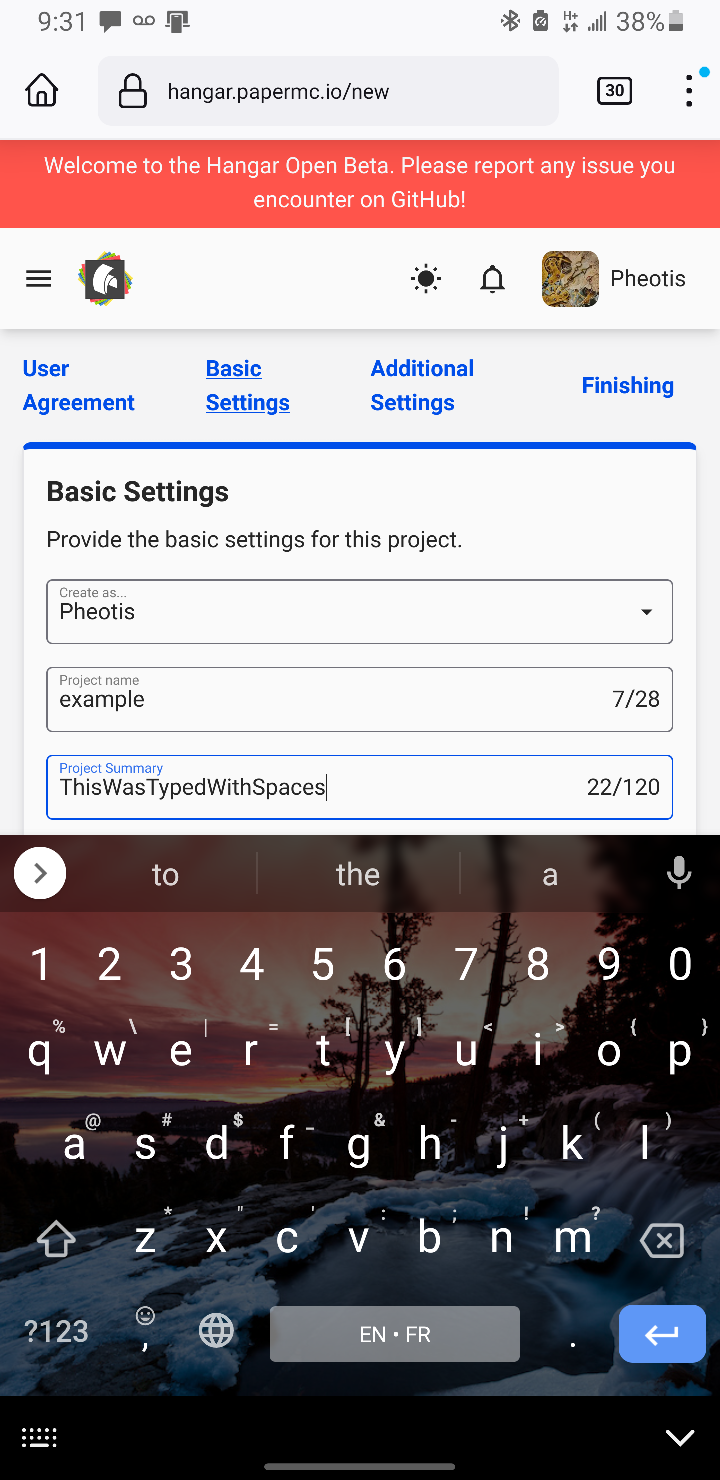 Unable to use spaces in most fields on mobile. · Issue #1166 · HangarMC/Hangar · GitHub