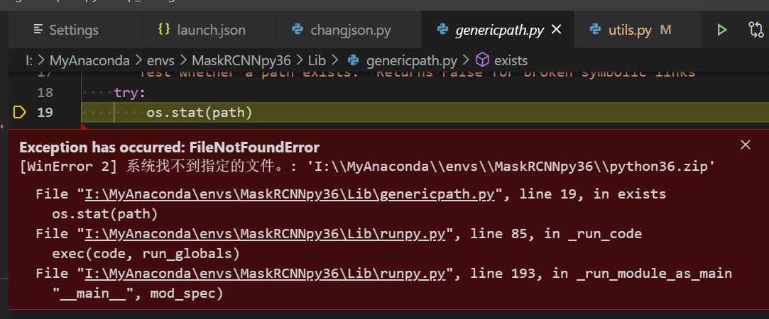 Exception has occurred: FileNotFoundError [WinError 2] happened in debug when I set "justMyCode ...