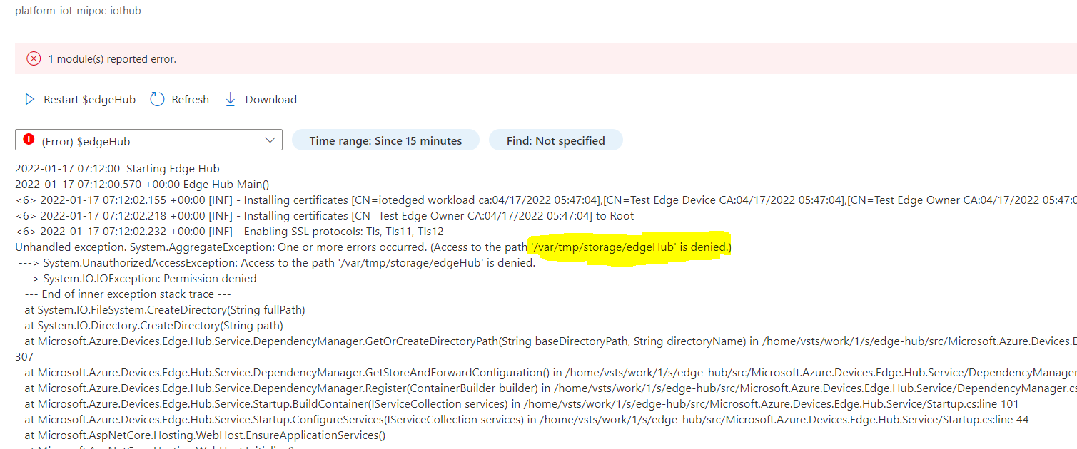 [Access Denied] edgeHub directory maping is not working while setting up using container create ...