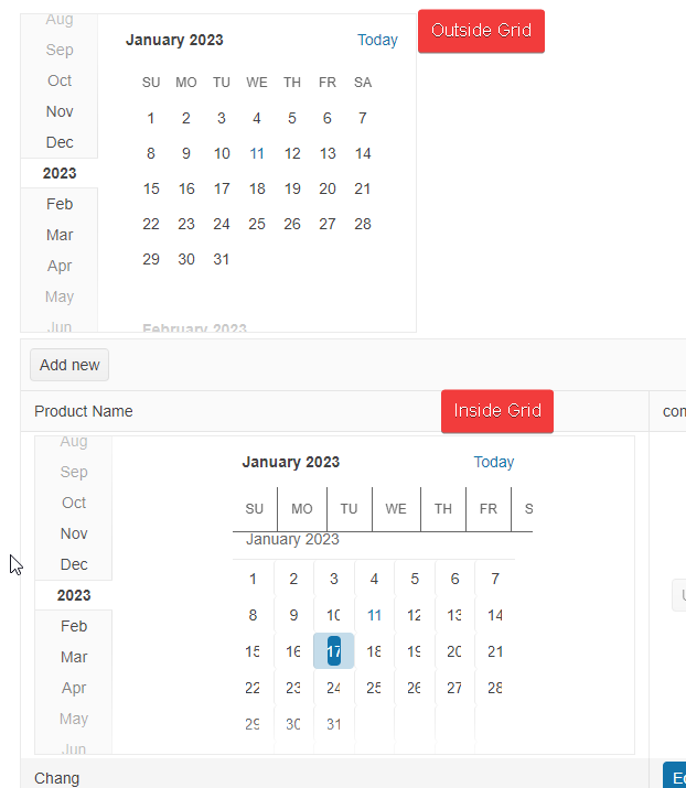 Calendar styles are broken when inside the Grid component using a template to display them ...