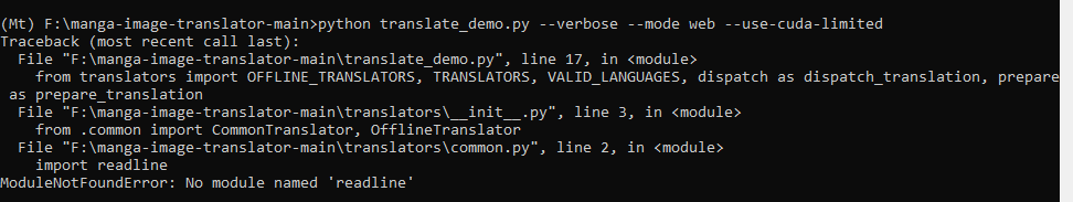 ModuleNotFoundError: No module named 'readline' · Issue #171 · zyddnys/manga-image-translator ...