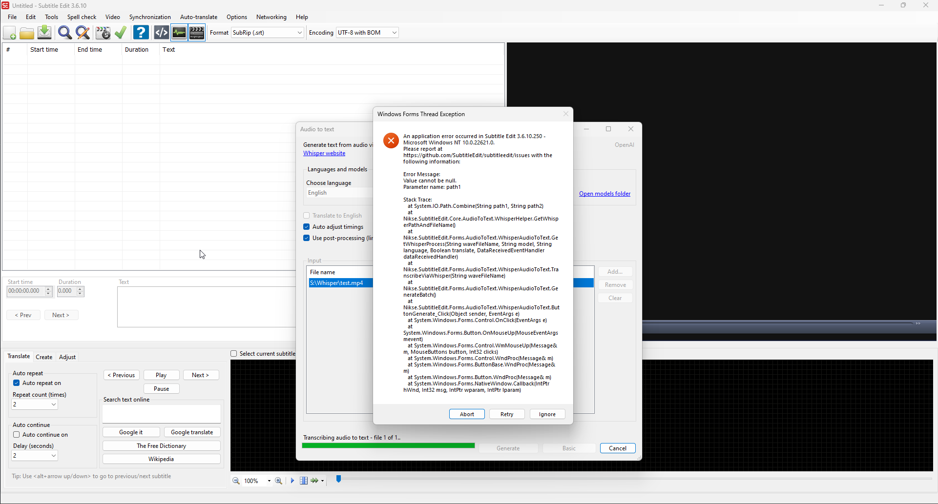 Error when trying to generate subtitles with OpenAI Whisper · Issue #6607 · SubtitleEdit ...