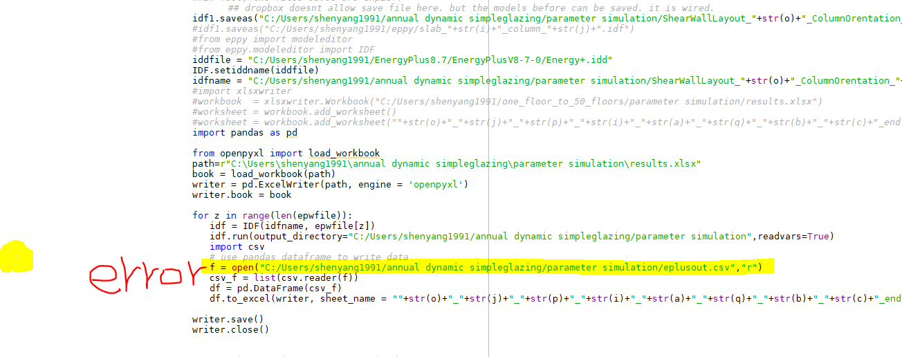 when I ran eppy, eplusout.csv is missing, but HTML is there. [No such file or directory: 'C ...