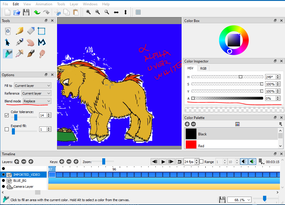 Importing video & replacing colors w/ alpha using fill tool replace mode fails to be saved ...