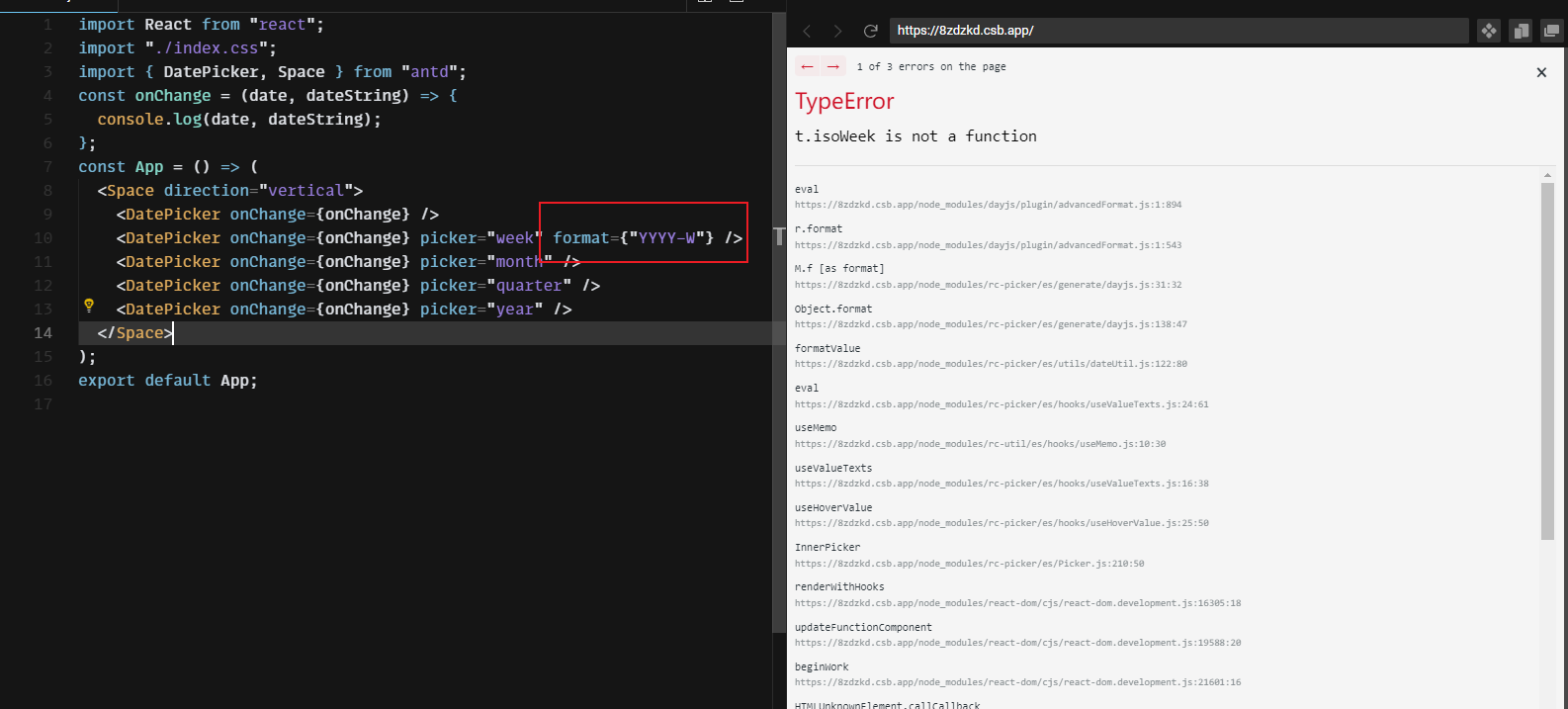 DatePicker当picker="week"时自定义format报错 · Issue #45882 · ant-design/ant-design · GitHub
