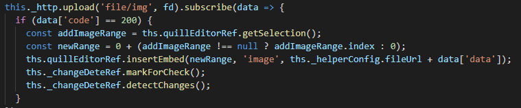 On ngx-quill toolbar. addHandler ('image', this. imageHandler. bind (this)); insertEmbed custom ...