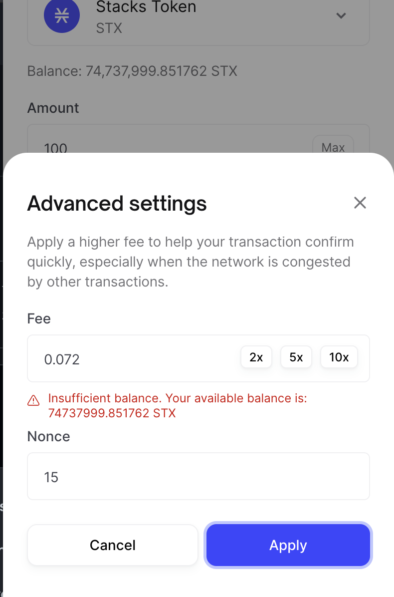 Changing the nonce triggers the insufficient funds error message ...