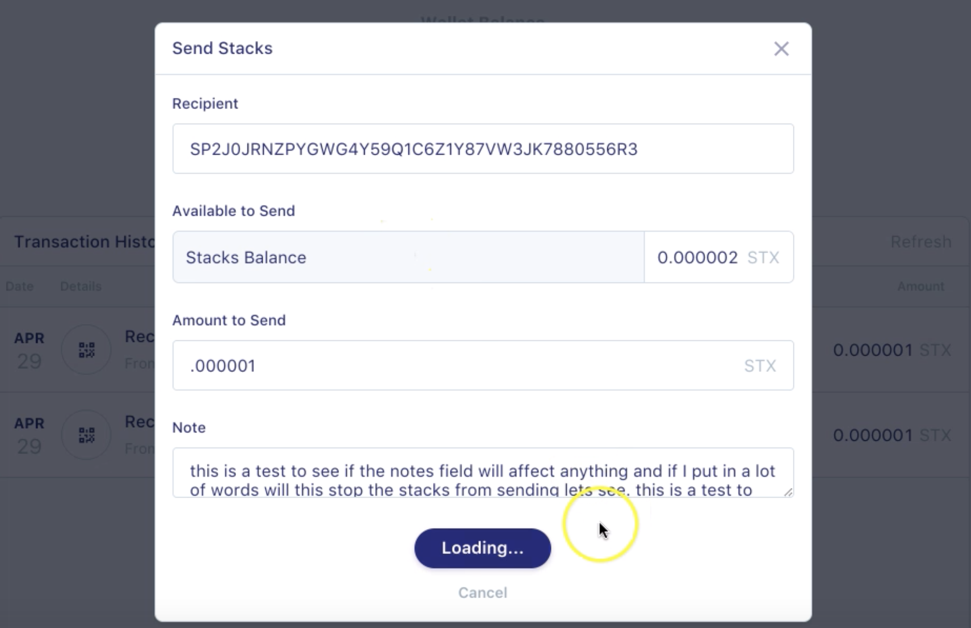 Adding a long note while sending stacks stops the transaction from going through, loading button ...