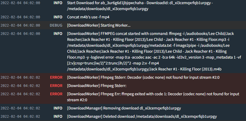 Download "*.m4b" failed - Decoder (codec none) not found for input stream #2:0 · Issue #306 ...