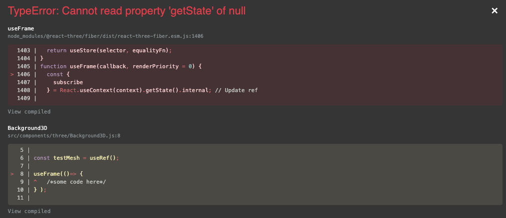 useFrame issue: "Cannot read property 'getState' of null" · Issue #1284 · pmndrs/react-three ...