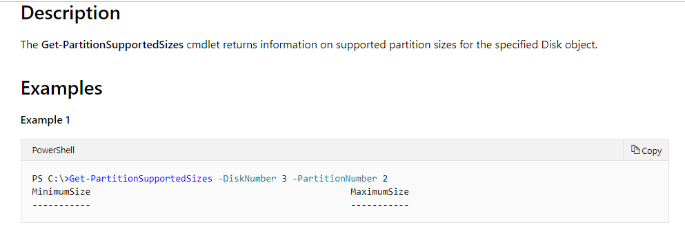 Get-PartitionSupportedSize Command Misspelling · Issue #1655 · MicrosoftDocs/feedback · GitHub