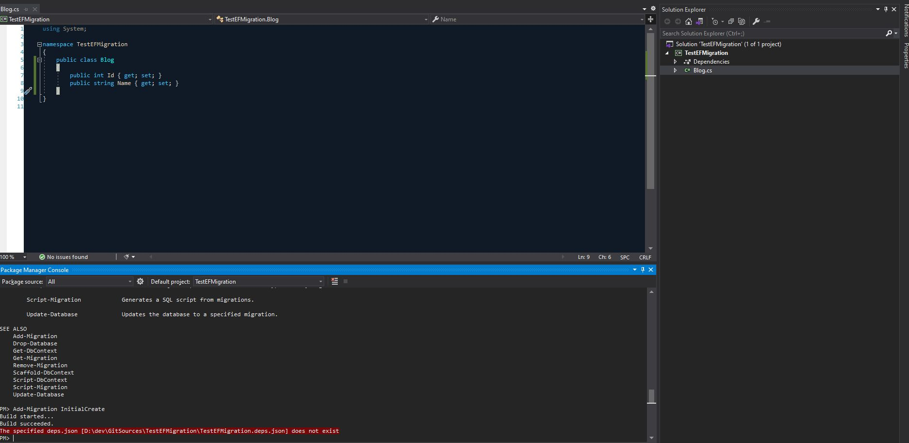 No ActiveConfiguration on new project causes EFCore migration .deps.json does not exist error ...