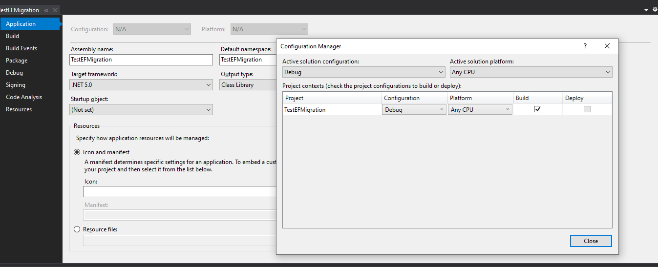 No ActiveConfiguration on new project causes EFCore migration .deps.json does not exist error ...