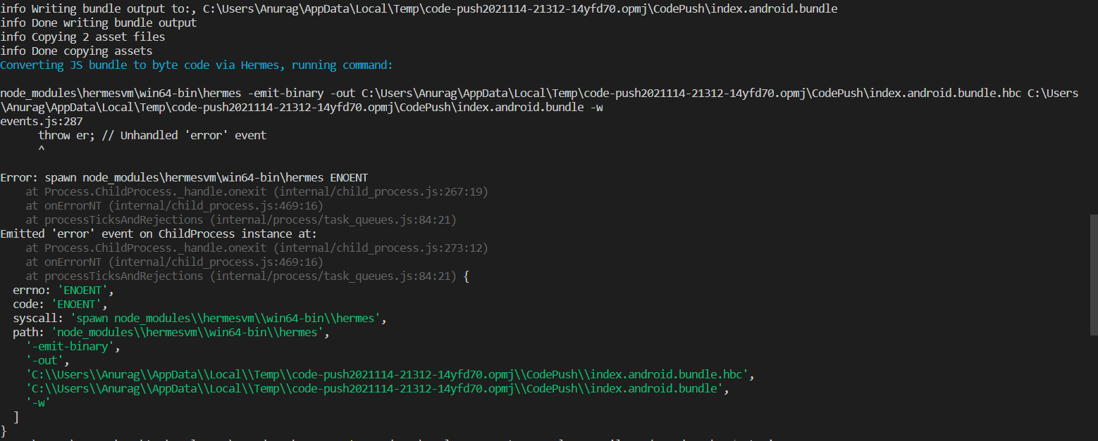 Unable to create a Release with Hermes · Issue #1934 · microsoft/react-native-code-push · GitHub