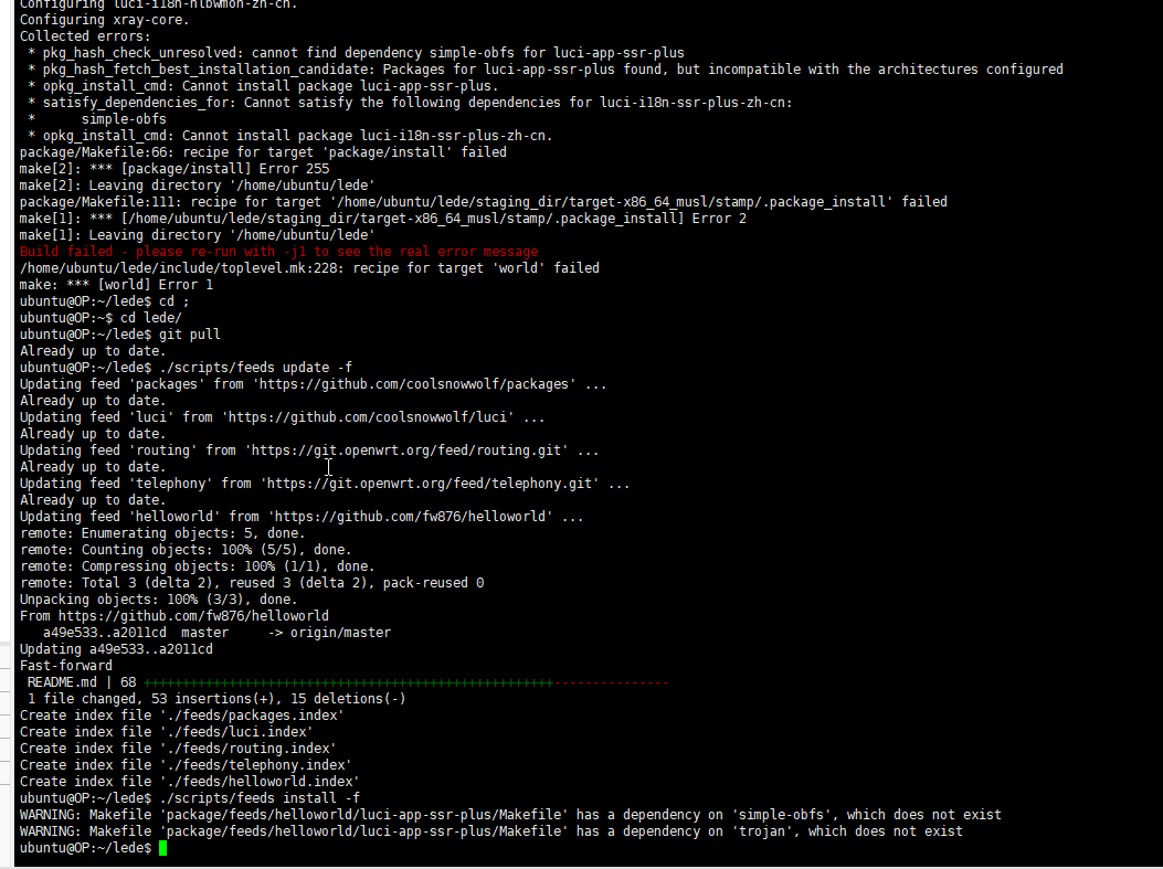 编译失败 缺少simple-obfs和 trojan · Issue #697 · fw876/helloworld · GitHub