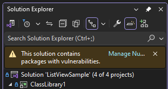 Vulnerabilities InfoBar link to `Manage NuGet Packages` is truncated ...