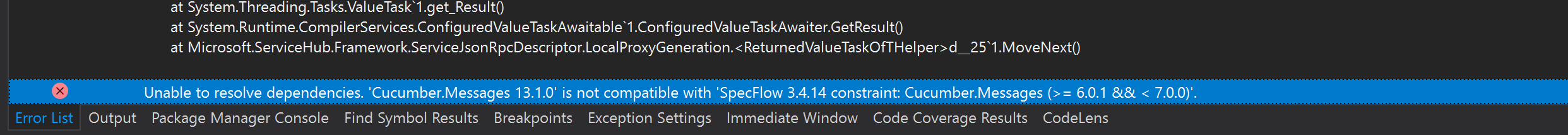 `unable To Resolve Dependencies` Now Shows Full Stack Track In Error List And Output Window 